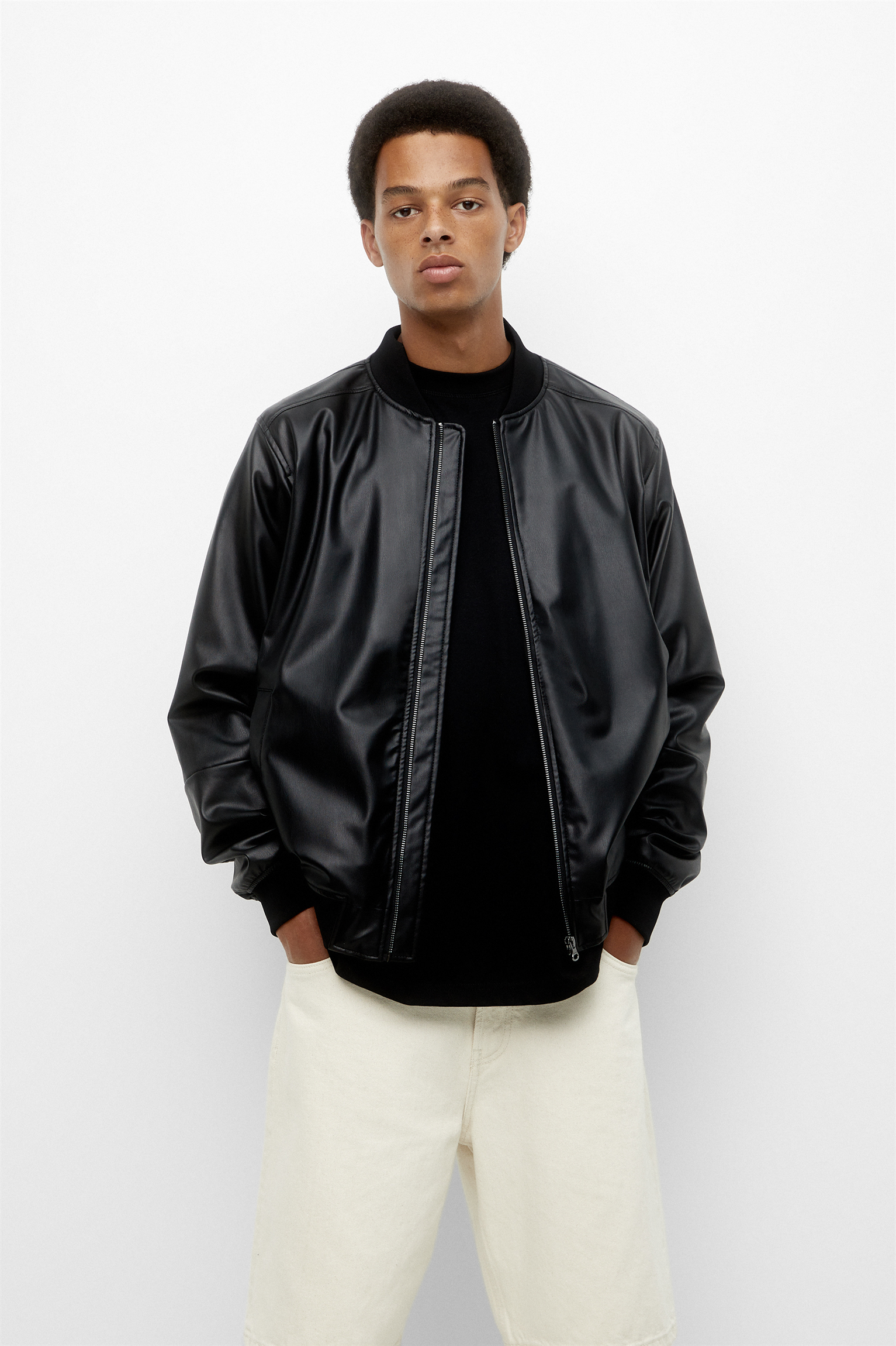 Black Basic Faux Leather Bomber Jacket PULL&BEAR, 46% OFF