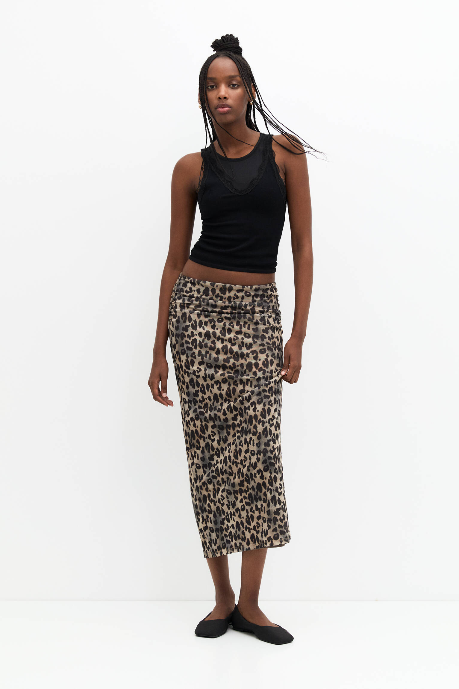 Halflange rok met panterprint en plooien - PULL&BEAR