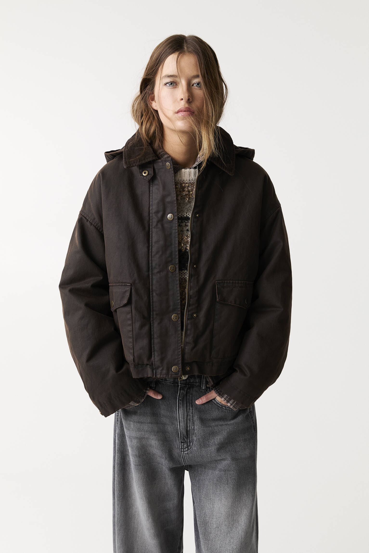 Waxed jacket with corduroy collar and hood - PULL&BEAR
