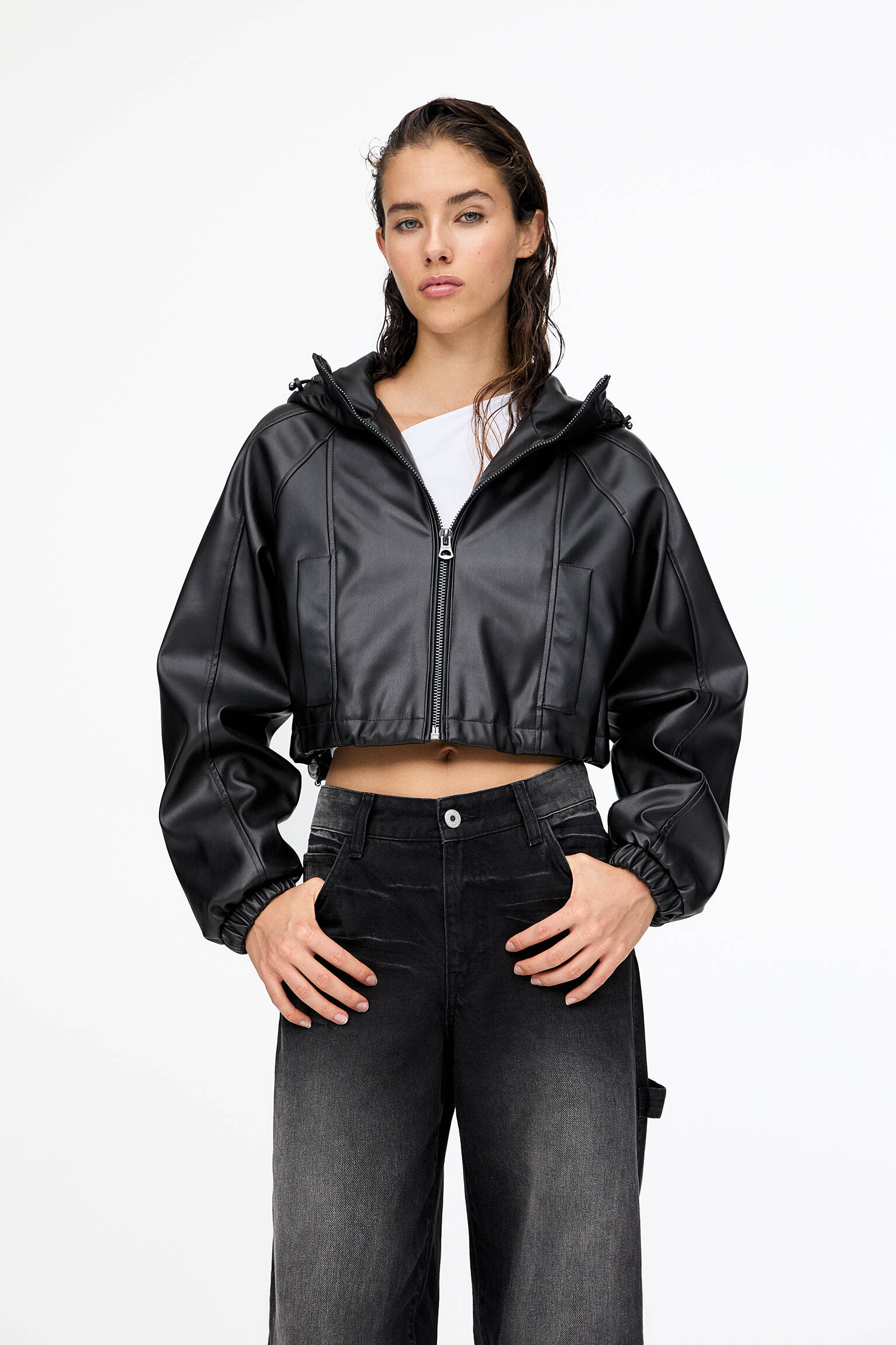 Cropped faux leather jacket - PULL&BEAR