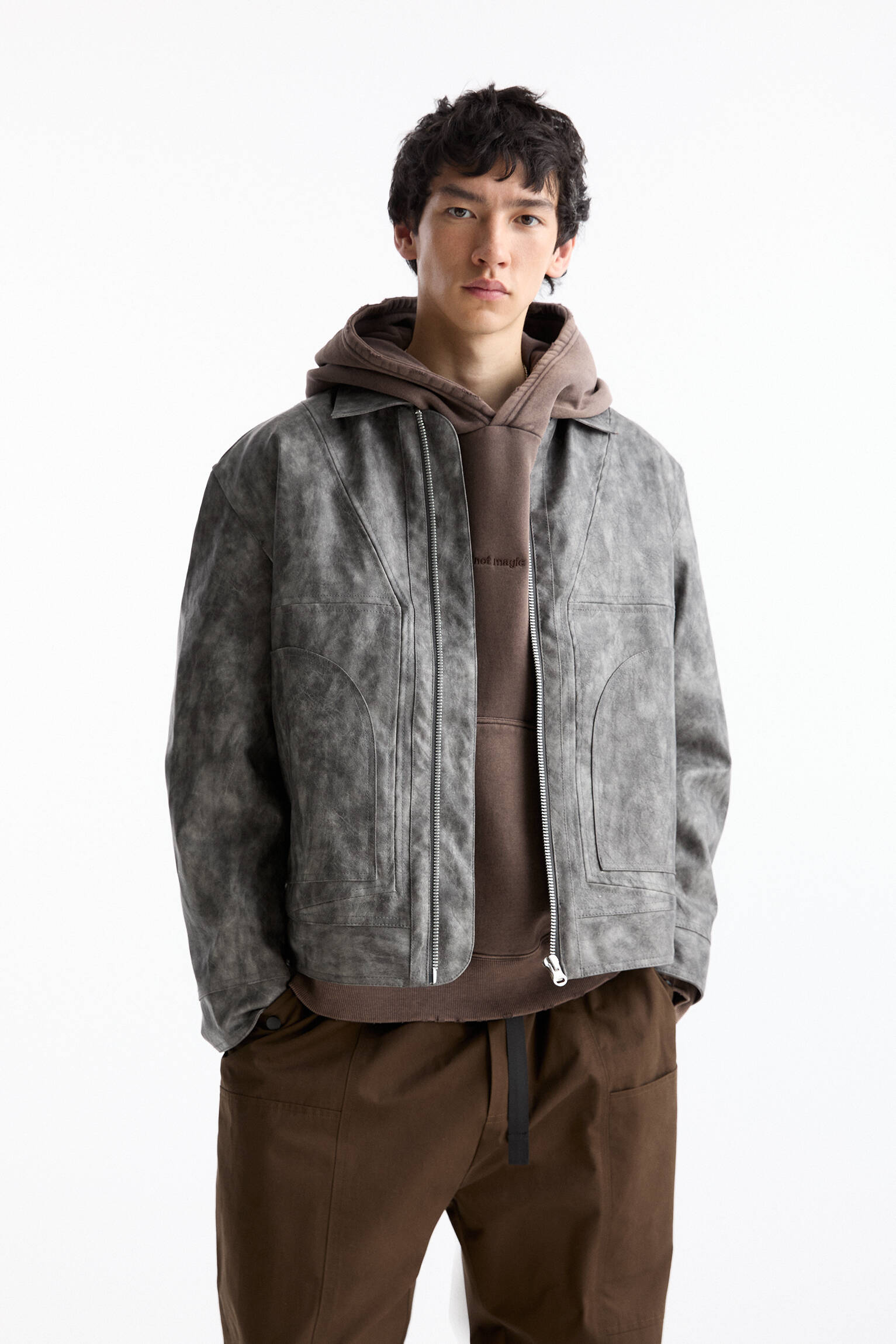 Grey faux leather jacket - PULL&BEAR