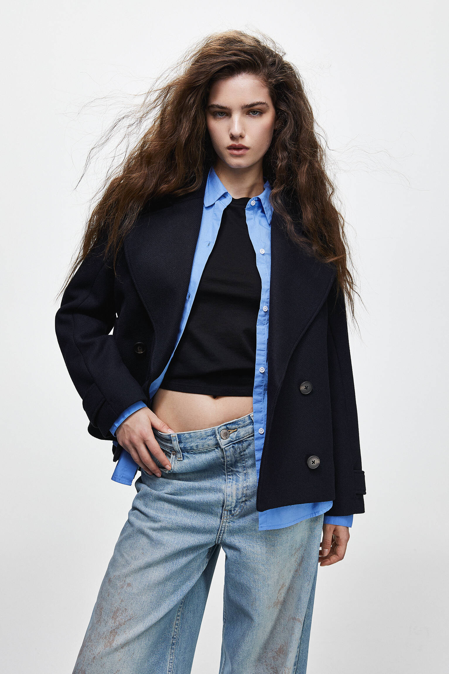 Cropped double-breasted felt texture coat - PULL&BEAR