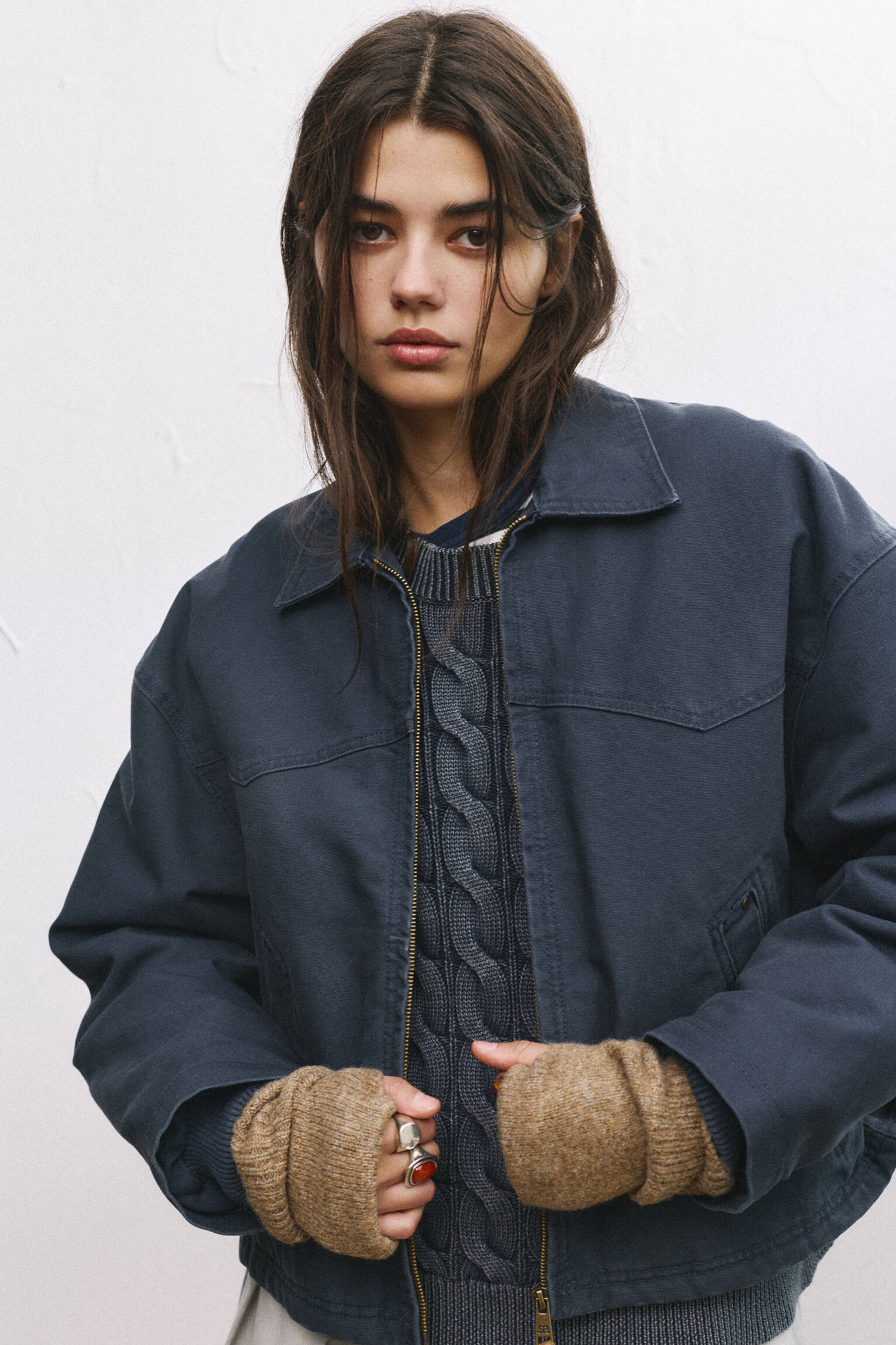 Navy blue zip-up jacket - pull&bear