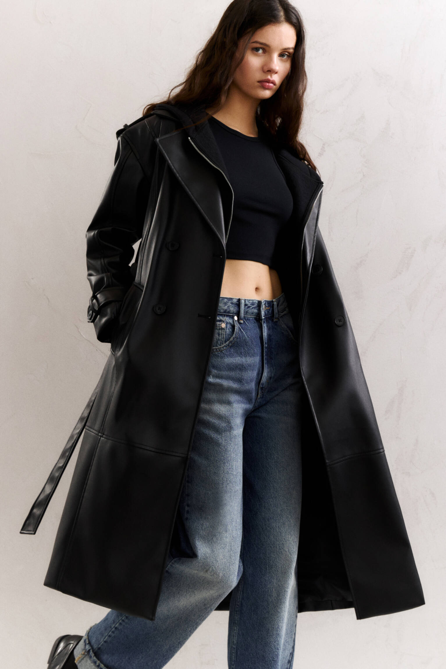 Belted faux leather trench coat - PULL&BEAR